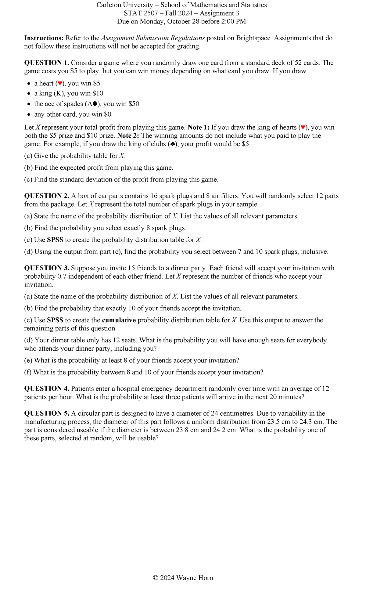 STAT 2507 Assignment 3 Fall 2024 - © 2024 Wayne Horn Carleton ...