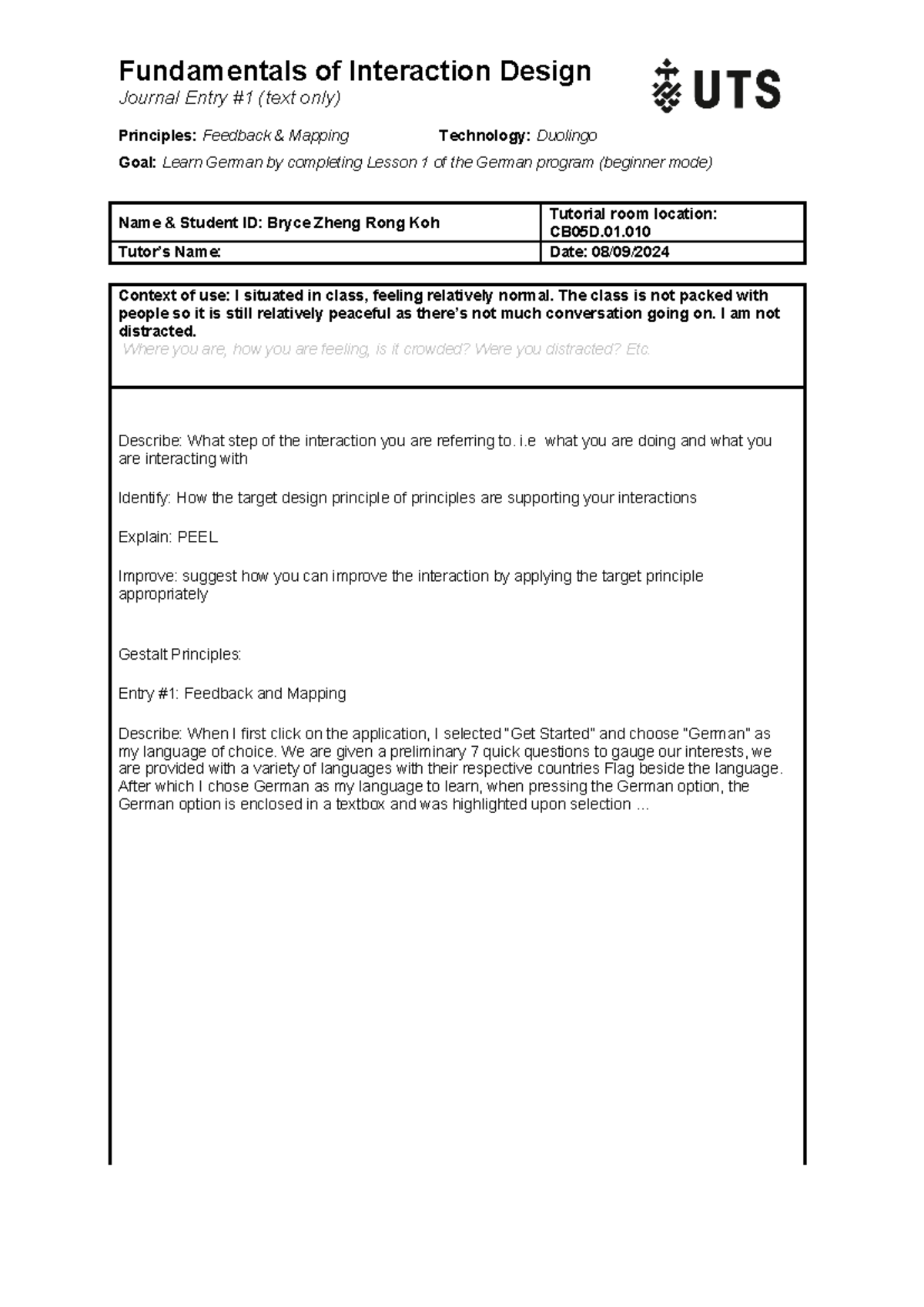 Journal Entry 1 - General Template - Fundamentals of Interaction Design ...