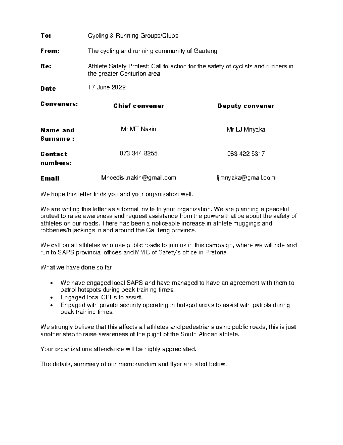 Athlete safety protest Club invite- Final - To: Cycling & Running ...