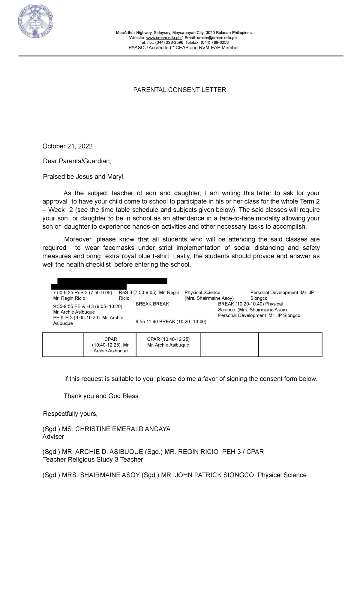 Approved Parent Consent and Letter for Onsite 12 ABM Humss - MacArthur ...