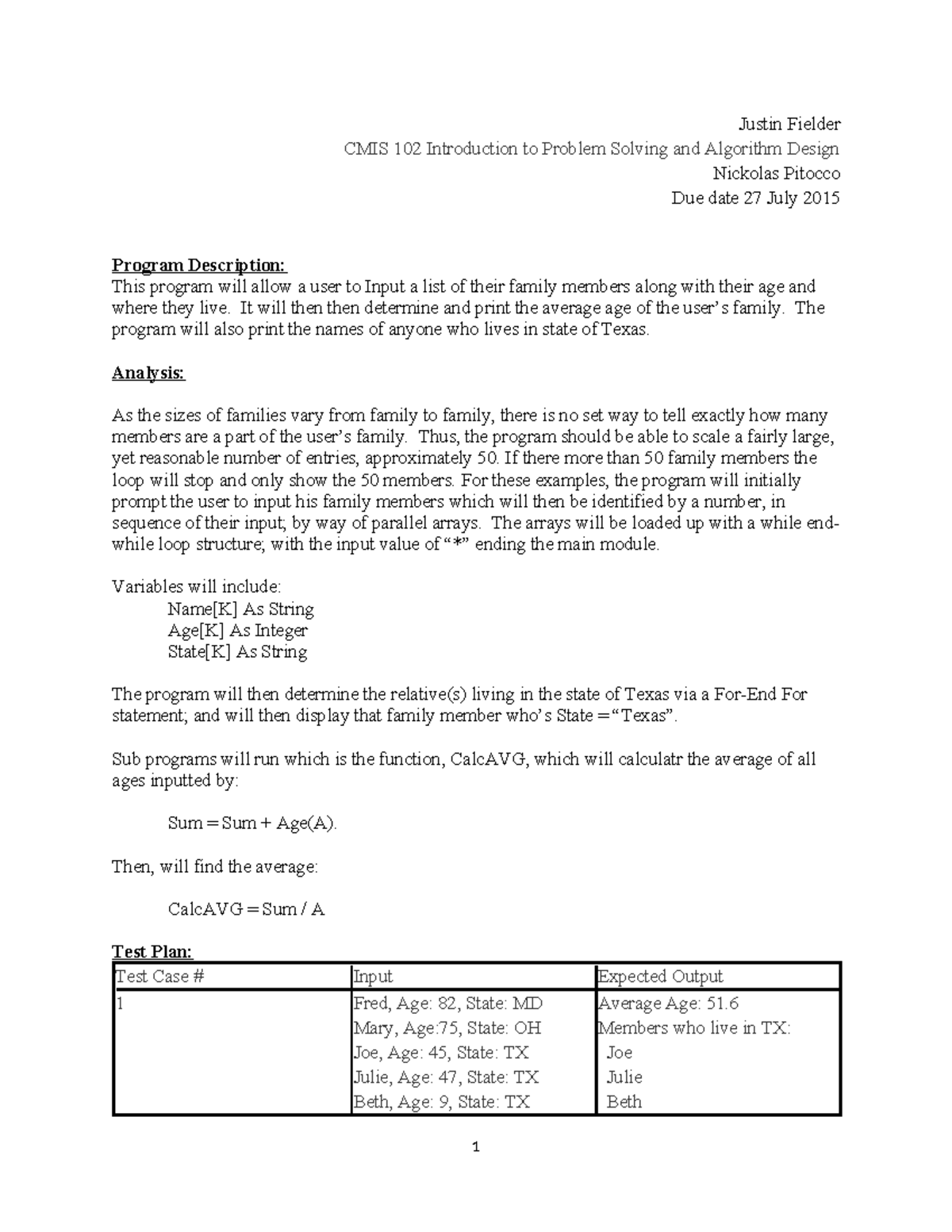 Justinfielderfp - Pseudocode for family - Justin Fielder CMIS 102 Introduction to Problem ...