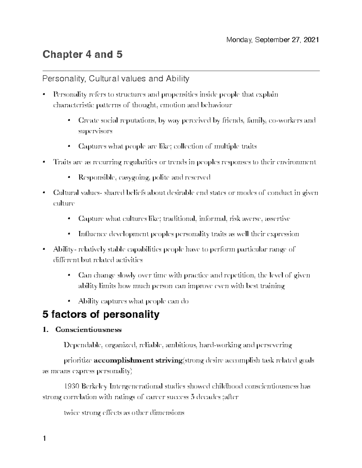 Chap 4 &5 lecture notes - Chapter 4 and 5 Personality, Cultural values ...