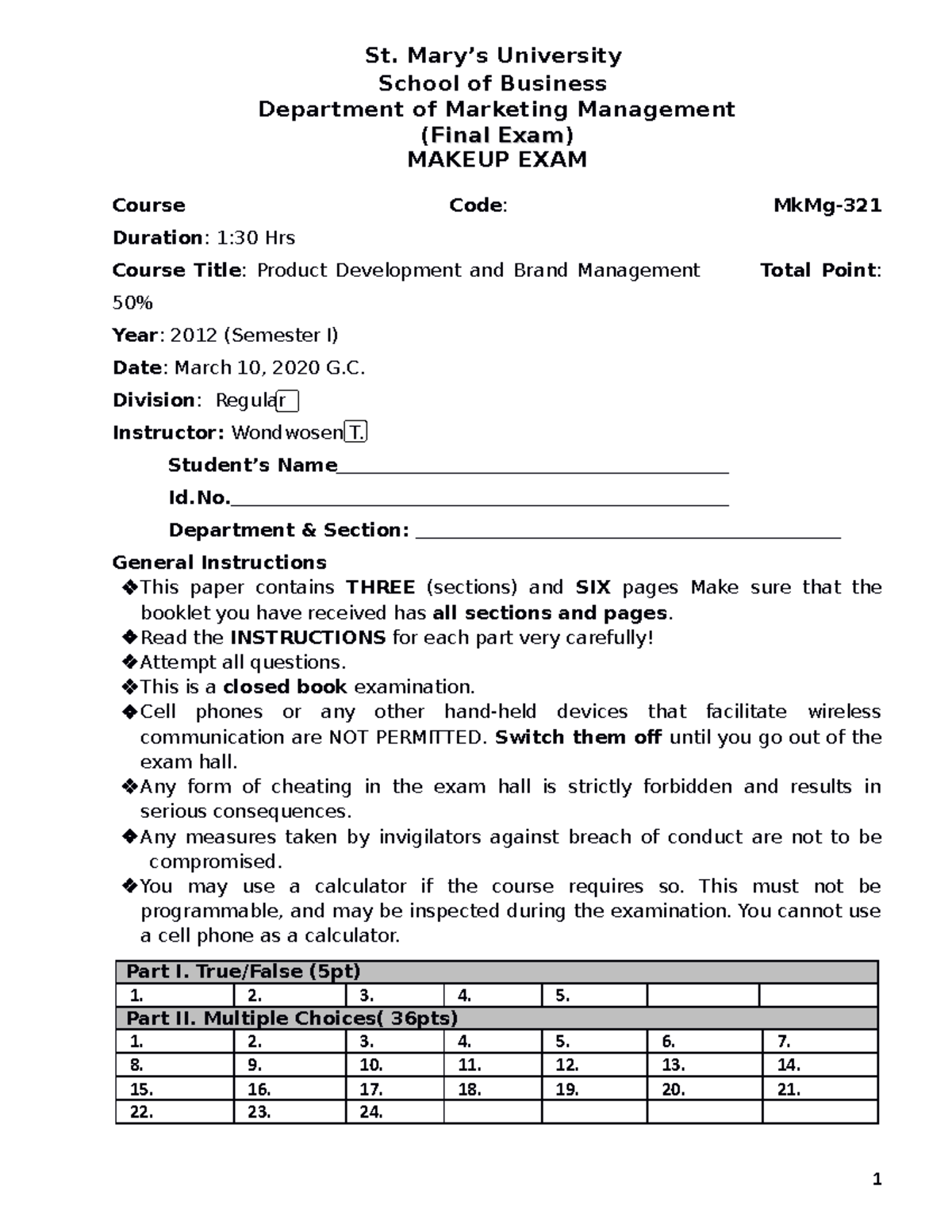 Brand Makeup - Exam Test sample - St. Mary’s University School of ...