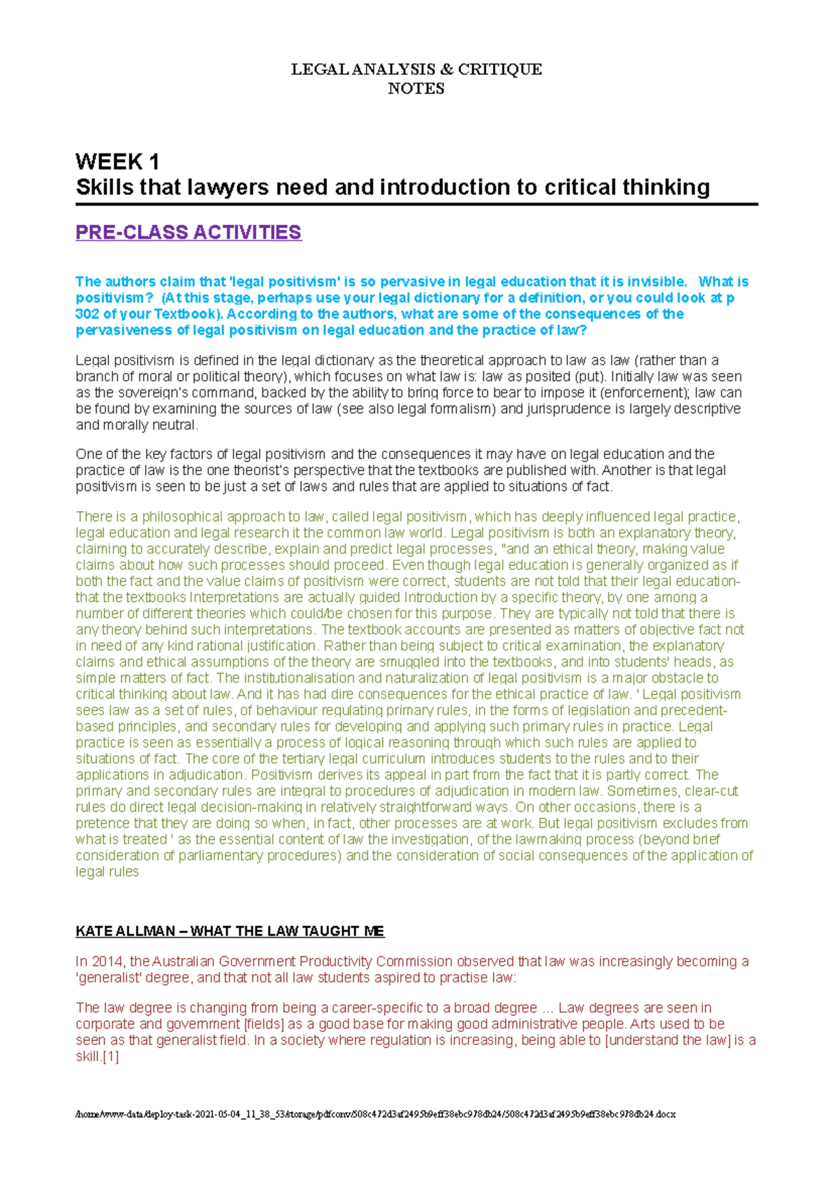 Legal Analysis & Critque - Notes - LEGAL ANALYSIS & CRITIQUE NOTES WEEK ...