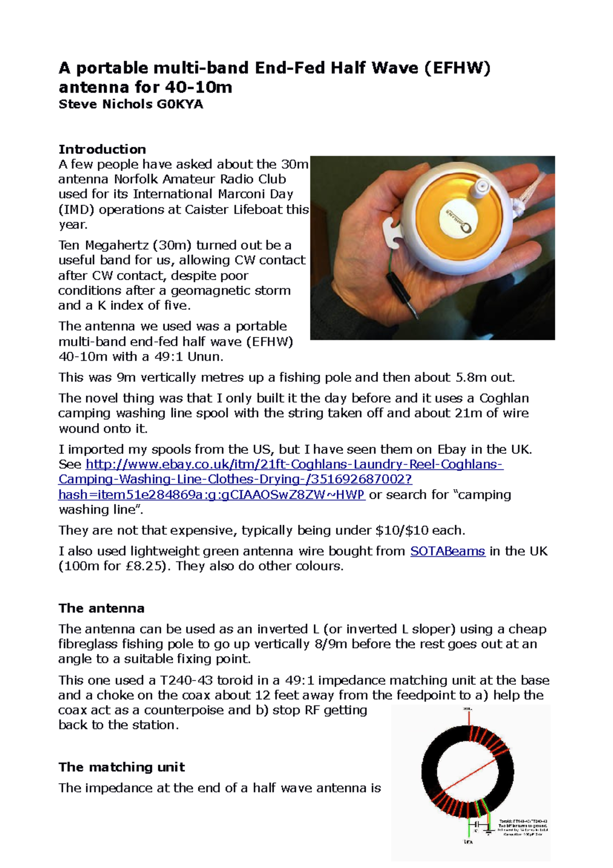 Multi band EFHW spool - A portable multi-band End-Fed Half Wave (EFHW) antenna for 40-10m Steve ...