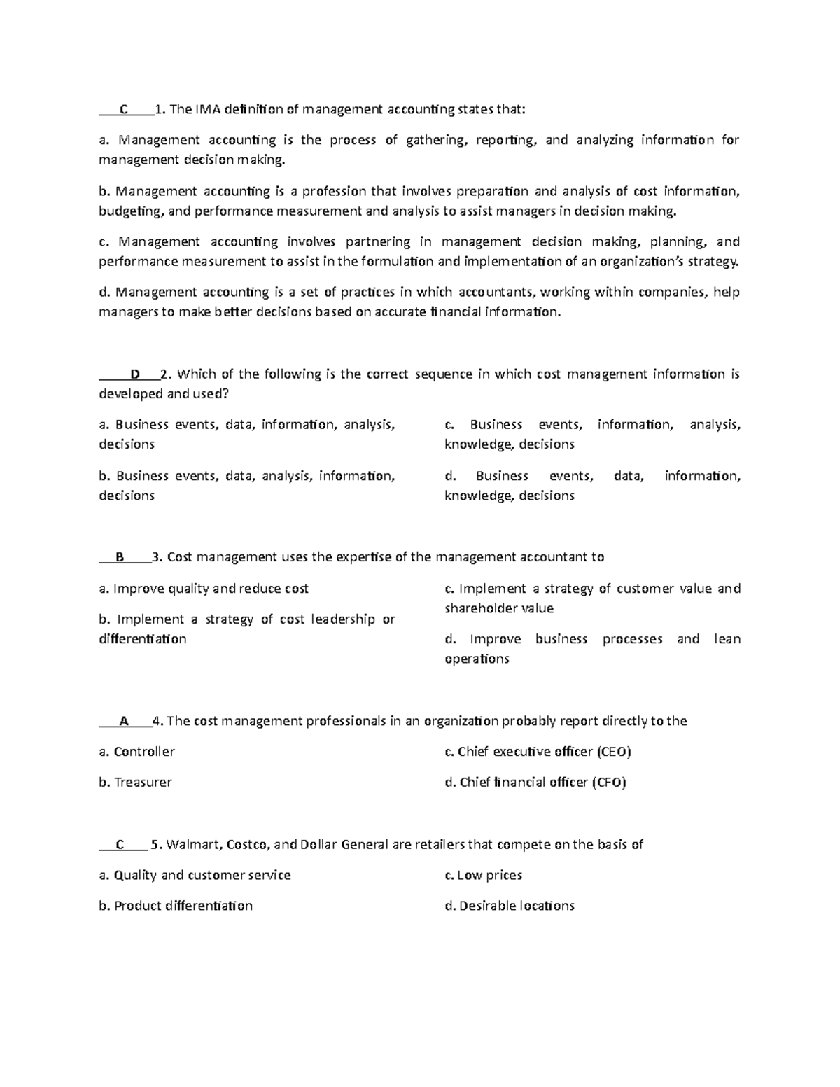 Act2 - scm - cost management and strategy - C 1. The IMA definition of ...