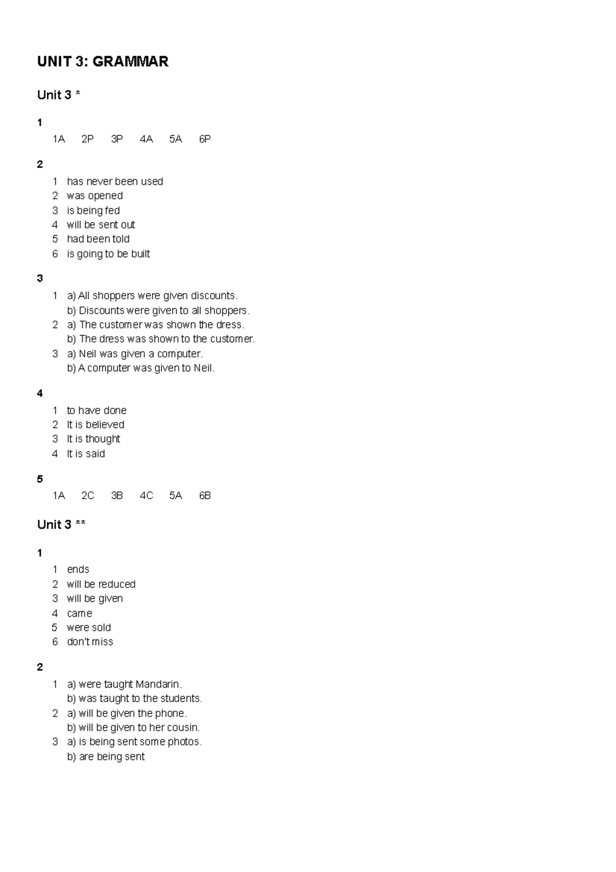 Anwer KEY 3 - SOLUCIONES - UNIT 3: GRAMMAR Unit 3 * 1 1A 2P 3P 4A 5A 6P ...