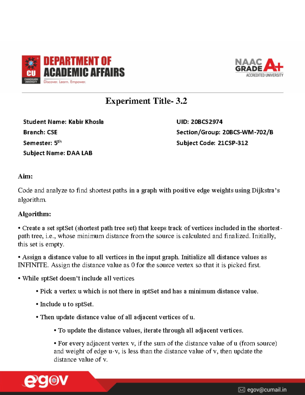 Worksheet Exp 9 DAA LAB - Experiment Title- 3. Student Name: Kabir ...