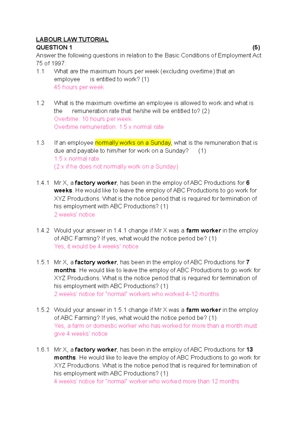 Tut 8 Labour Law + memo - LABOUR LAW TUTORIAL QUESTION 1 (5) Answer the ...