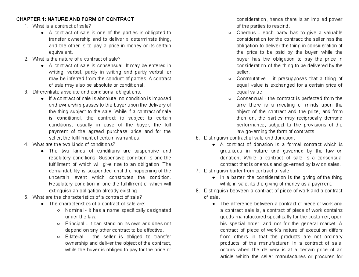 Law on sales chap 1-2 - CHAPTER 1: NATURE AND FORM OF CONTRACT What is ...