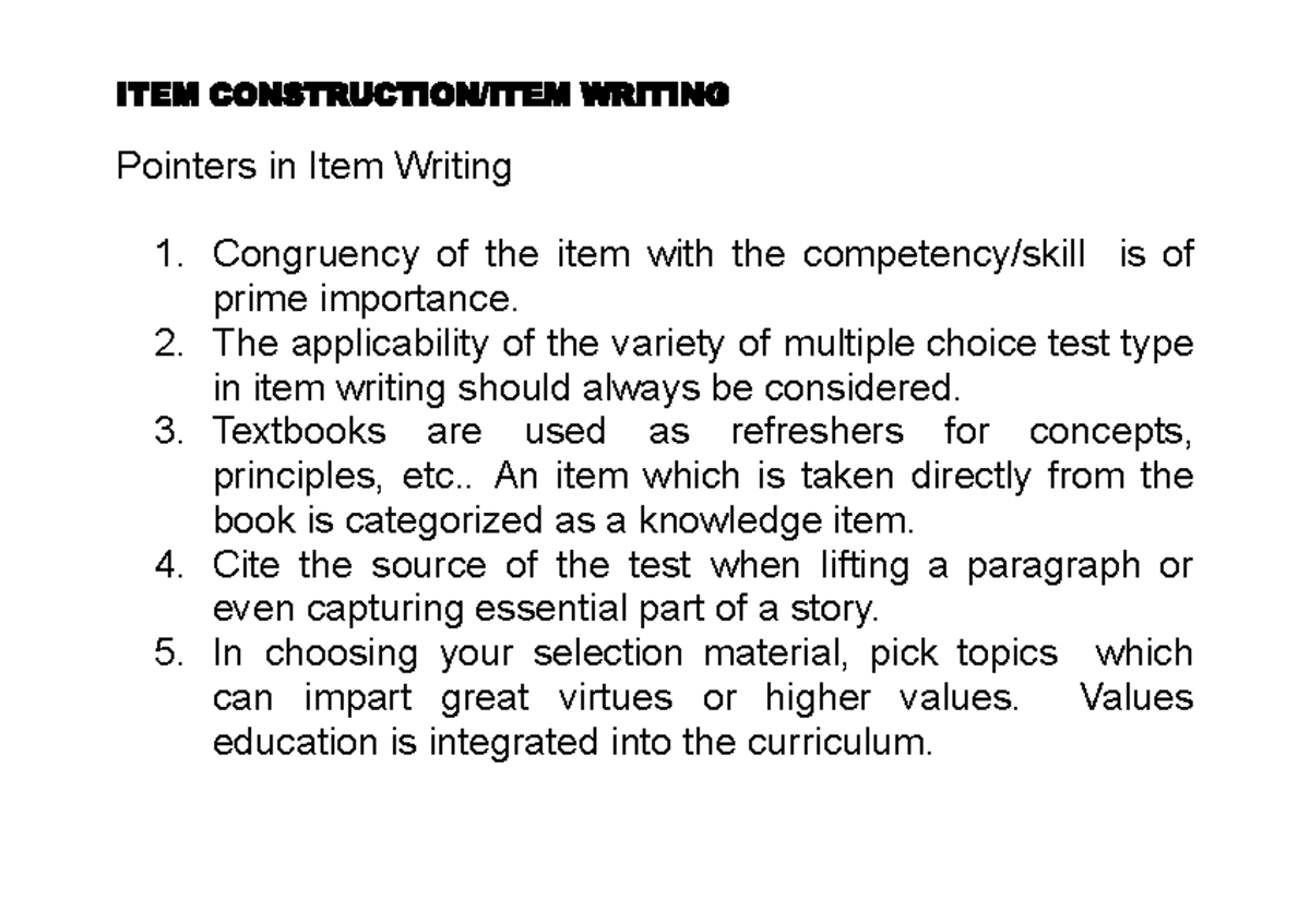 2-Pointers in Item Writing - ITEM CONSTRUCTION/ITEM WRITING Pointers in ...