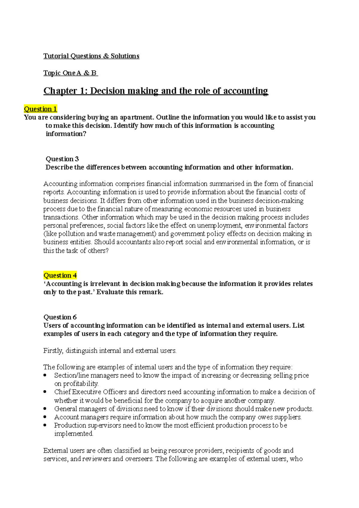 Topic One A & B -Tutorial Questions 1 - Tutorial Questions & Solutions ...