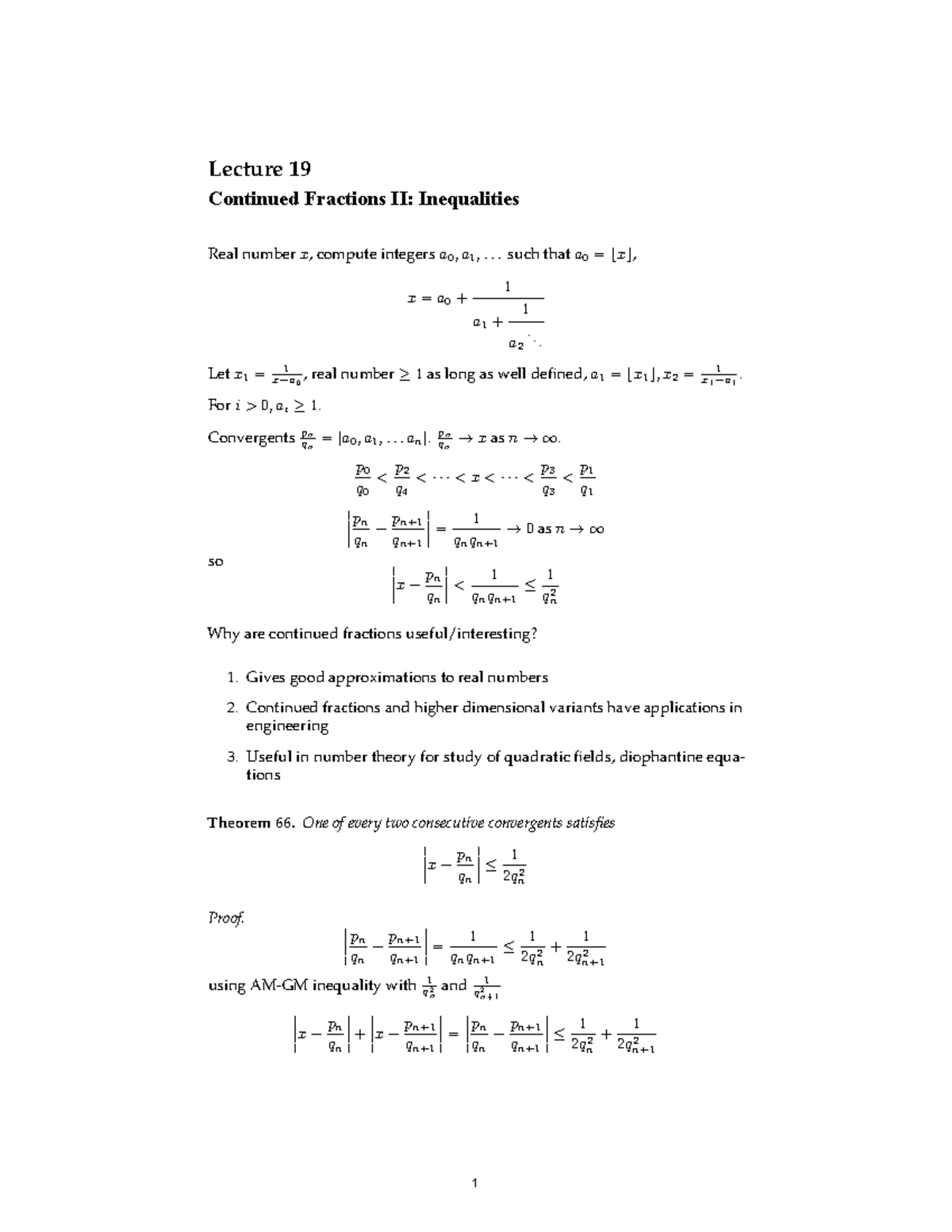 Theory Of Numbers Lecture 19 - Lecture 19 Continued Fractions II ...