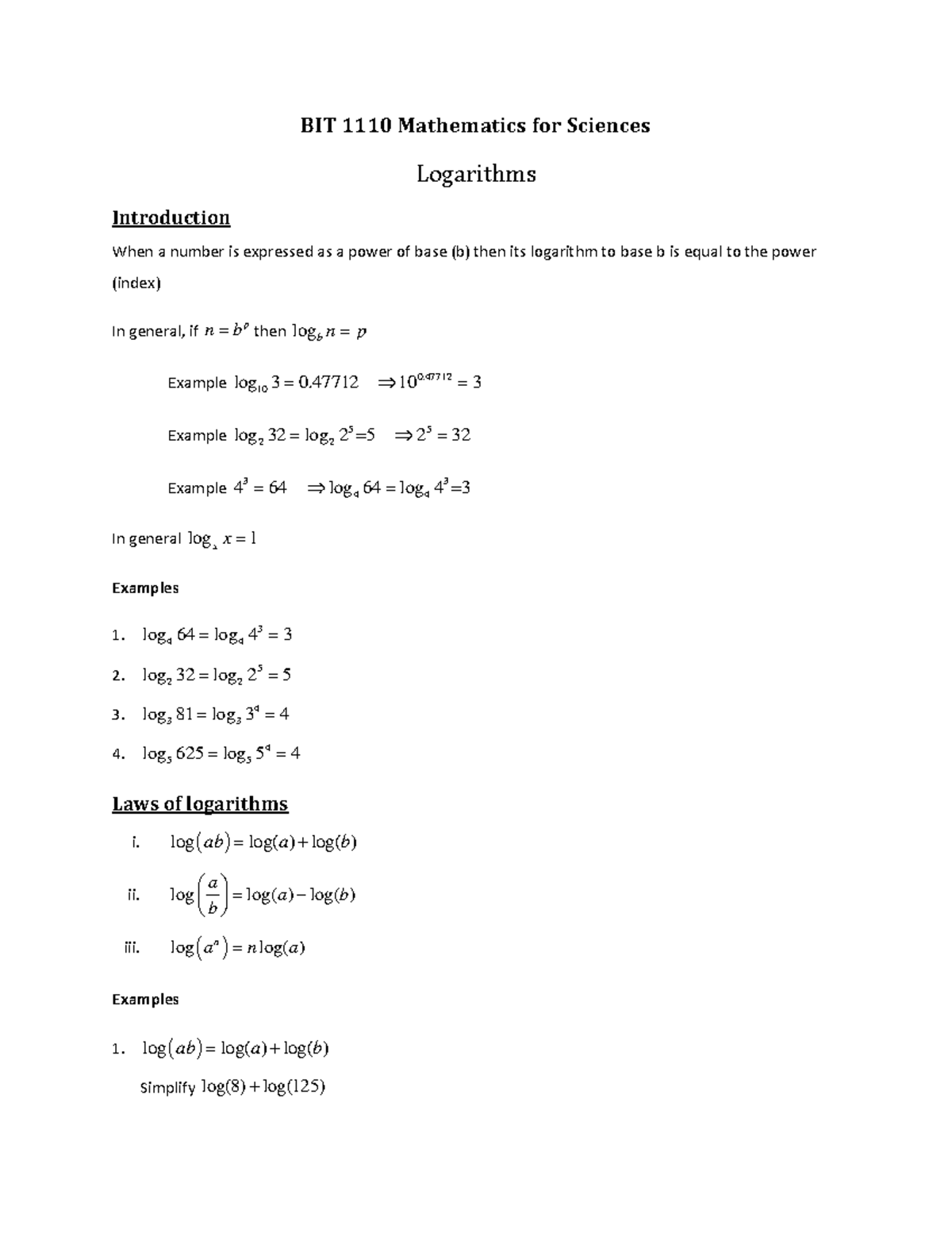 Logarithms Surds Indices 2 231011 093816 Bit 1110 Mathematics For Sciences Logarithms