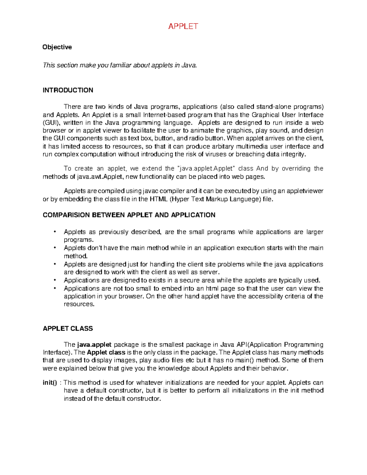 Unit Viii 4 Applet Summary Objective This Section Make You Familiar About Applets In Java