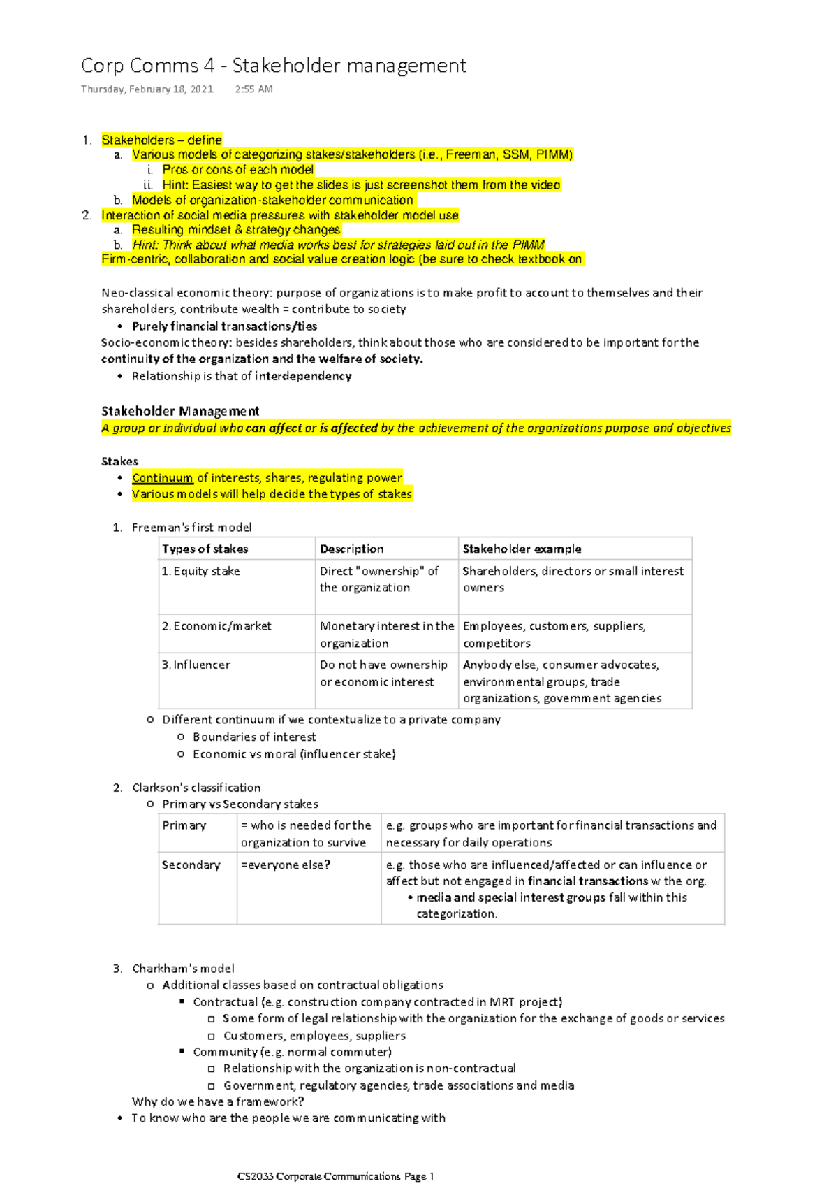 Corp Comms 4 - Stakeholder management - i. Pros or cons of each model ...