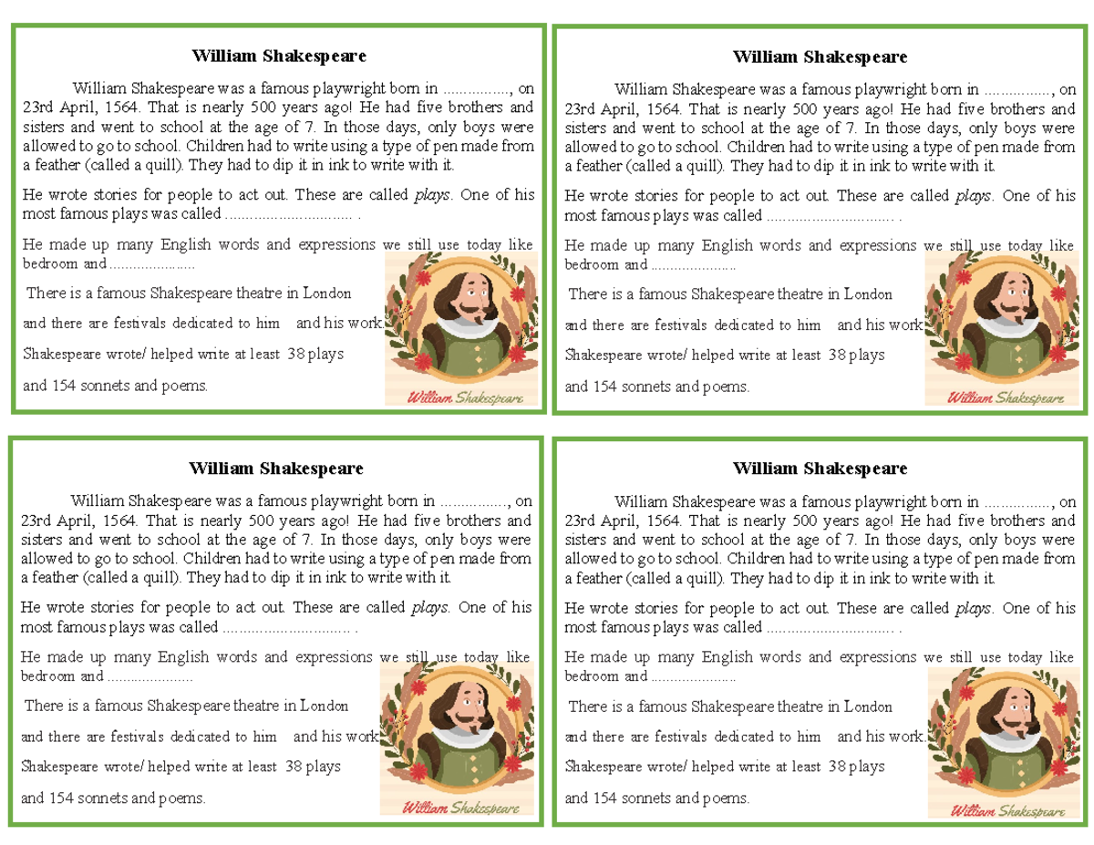 Shakespeare - cartonas informatii engleza - William Shakespeare William ...