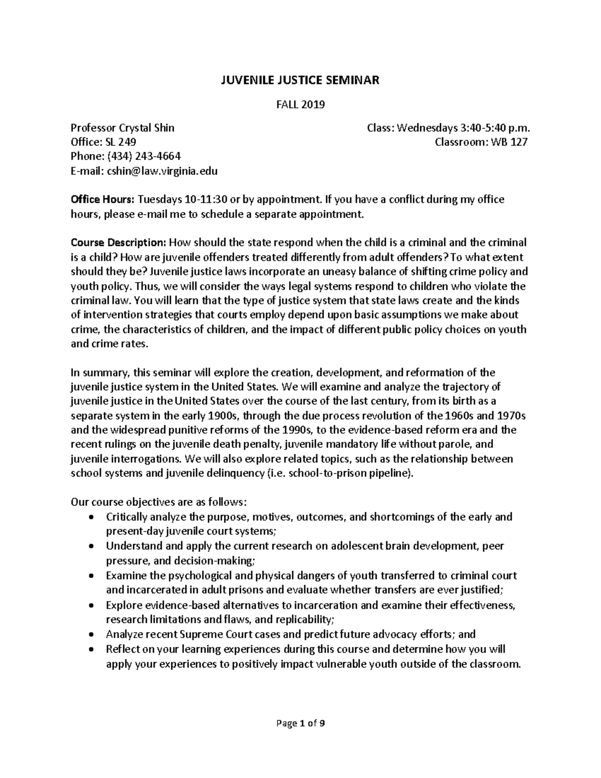 Fall 2019 Juvenile Justice Syllabus v - JUVENILE JUSTICE SEMINAR FALL ...
