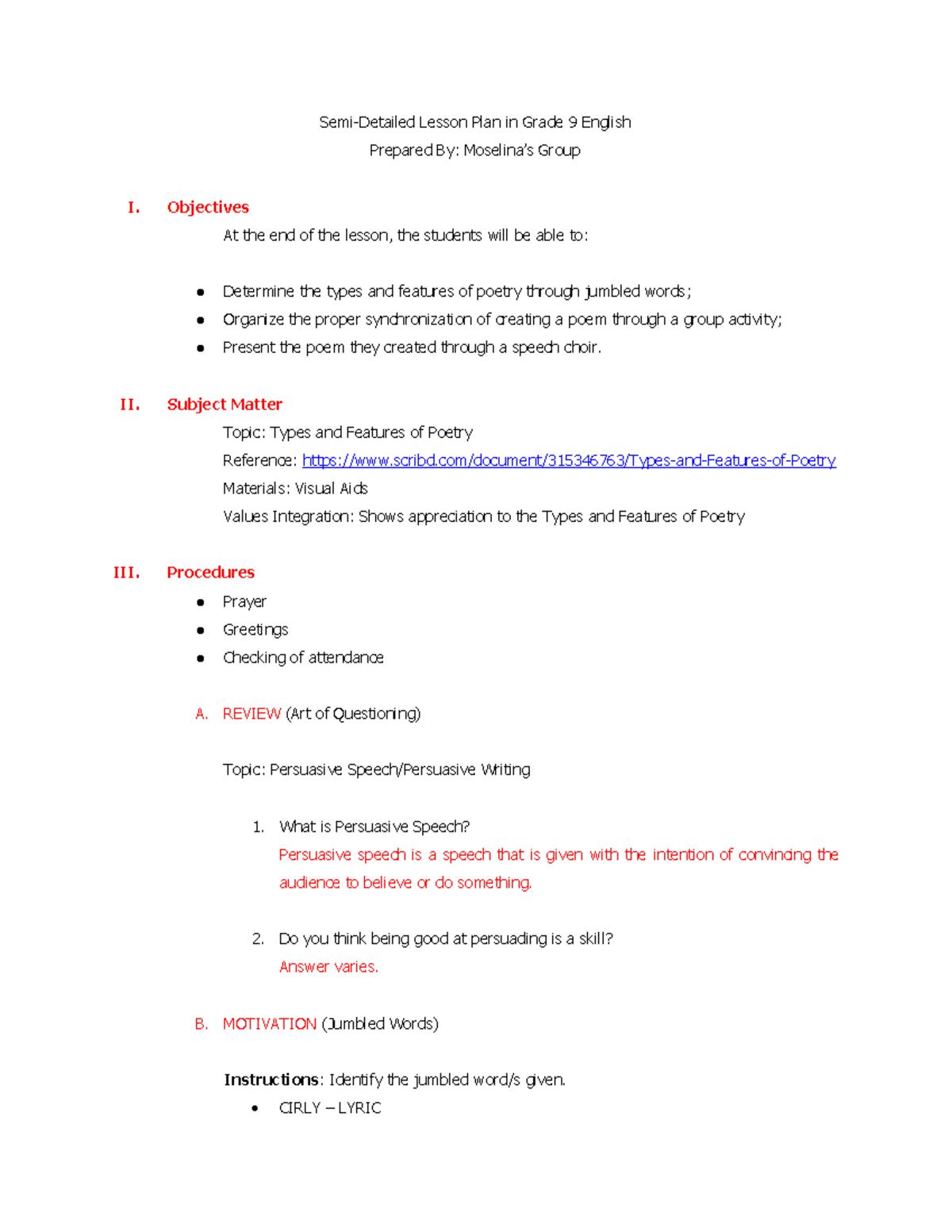 Lesson plan in grade 9 - Semi-Detailed Lesson Plan in Grade 9 English ...