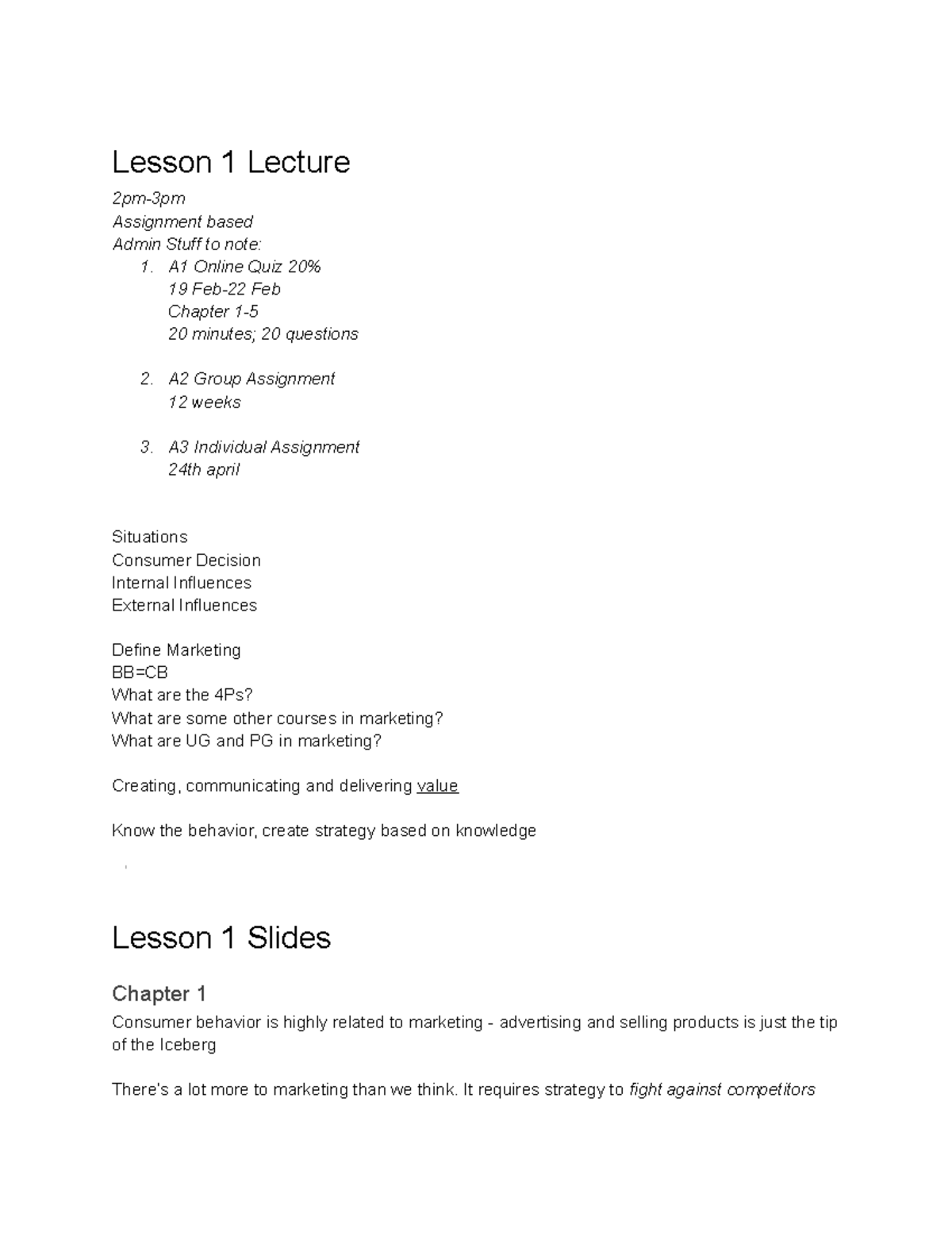 Buyer Behaviour Lecture Notes Lesson 1 Lecture 2pm 3pm Assignment Based Admin Stuff To Note 1
