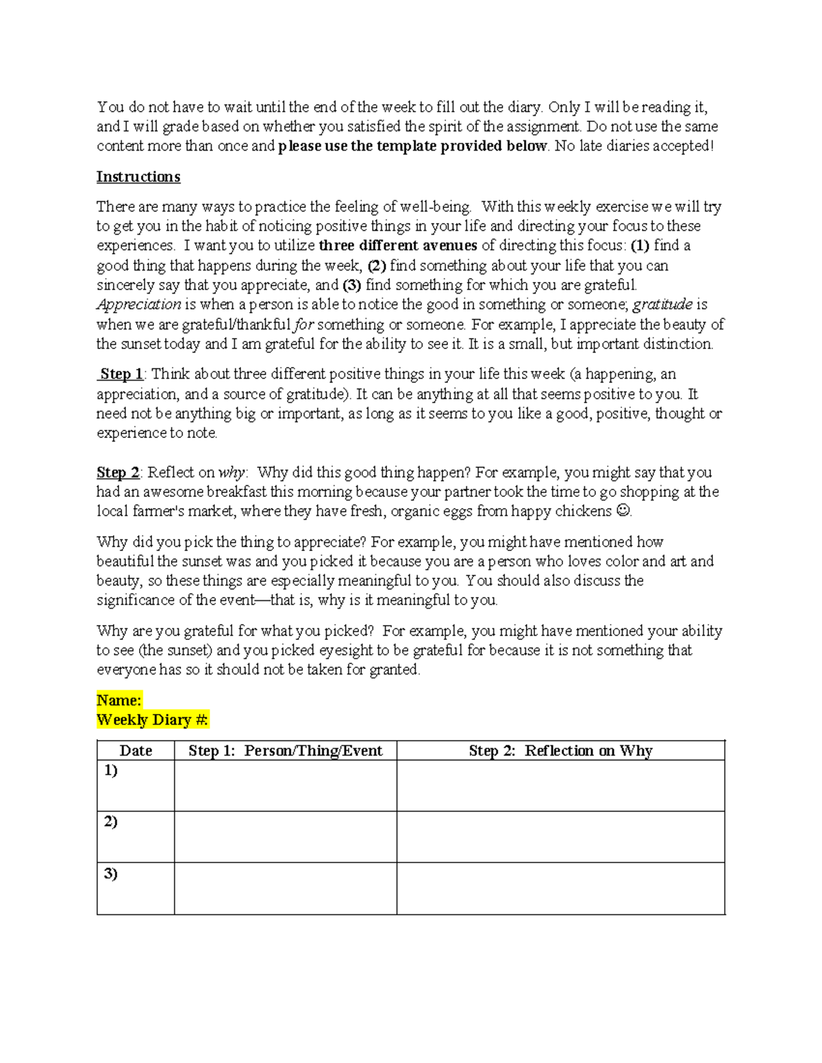 Diary Instructions with Template - You do not have to wait until the ...