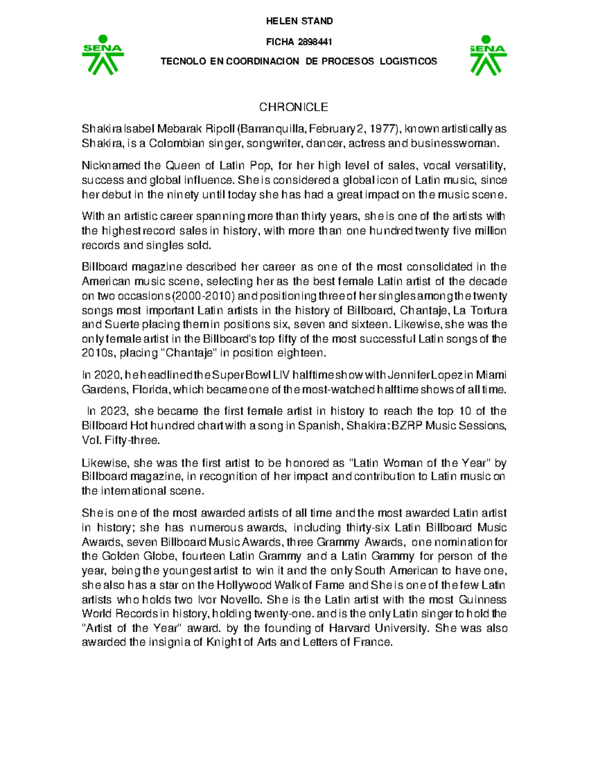 Chronicle - Crónica. GA2-240202501-AA1-EV03Evidencia - HELEN STAND FICHA 2898441 TECNOLO EN ...