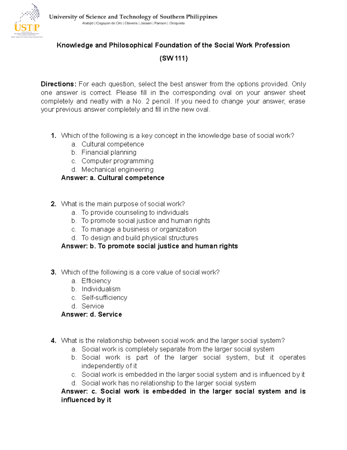 QUIZ 1: Knowledge and Philosophical Foundation of the Social Work Profession - Knowledge and ...