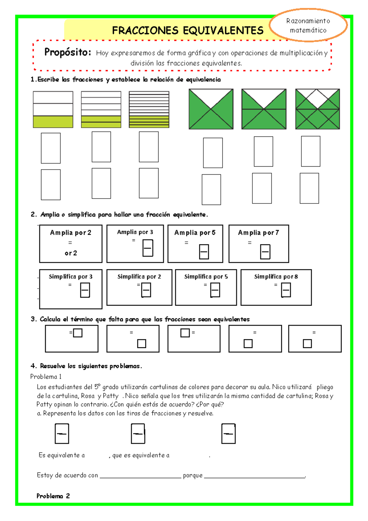 Fracciones Equivalentes razonamiento matematico quinto fichaa - 1 las ...