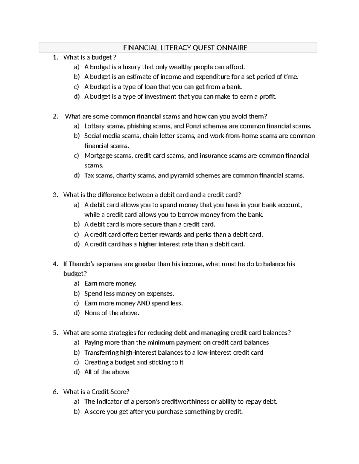 Financial Literacy Questions (2)(Group) - FINANCIAL LITERACY ...