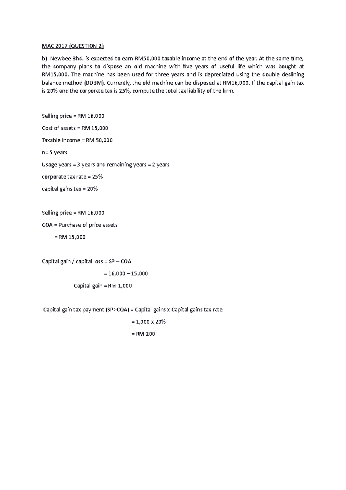 FIN320 - Tutorial WEEK 5 - MAC 2017 (QUESTION 2) b) Newbee Bhd. is ...