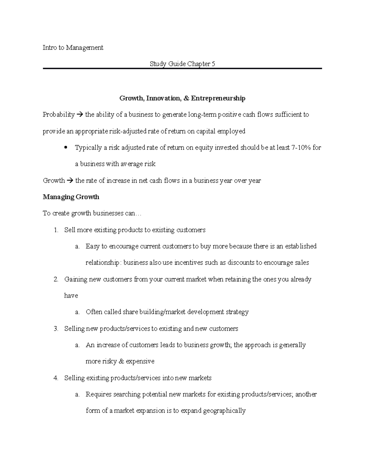 MGMT Ch. 5 Study Guide - Professor Vogelmann - Intro to Management Study Guide Chapter 5 Growth ...