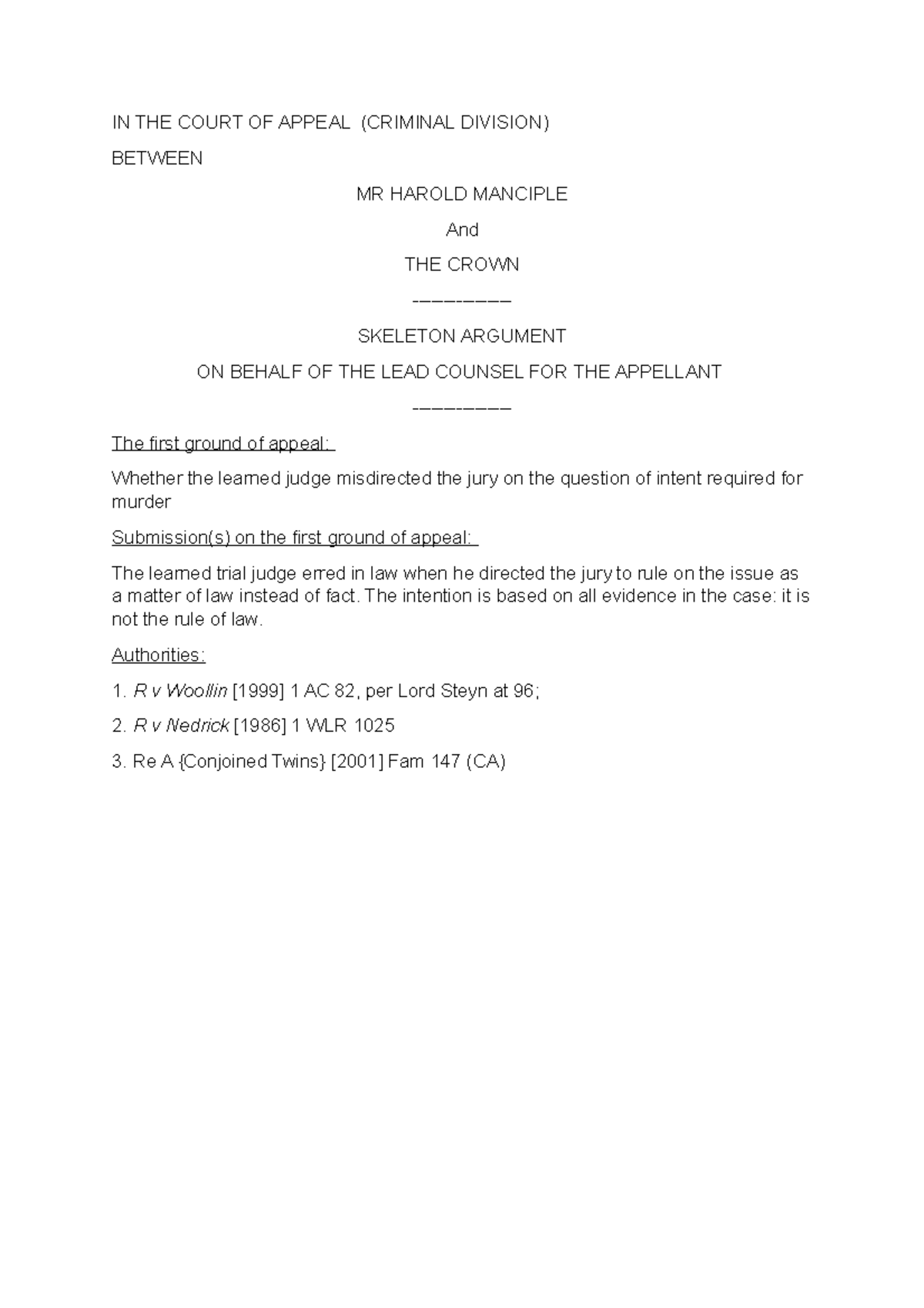 Skeleton moot - IN THE COURT OF APPEAL (CRIMINAL DIVISION) BETWEEN MR ...