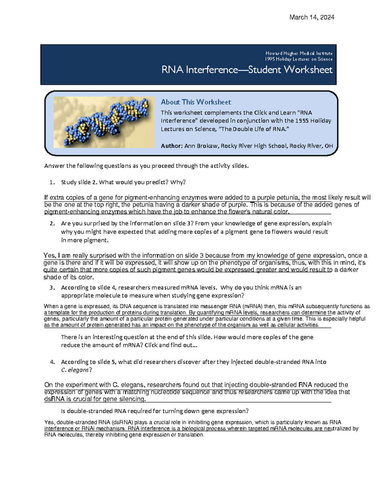 RNA interference worksheet - 1995 Holiday Lectures on ScienceHoward ...