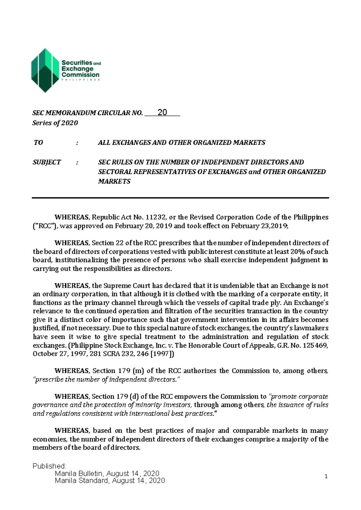 2020MCNo20 -2 - uuhhbh - 1 SEC MEMORANDUM CIRCULAR NO. ______________ Series of 2020 TO : ALL ...