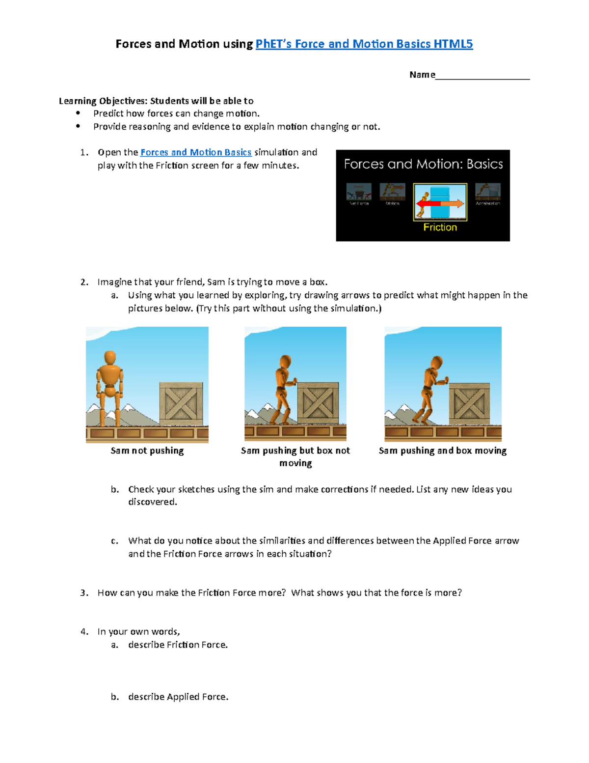 Friction Computer Simulation - Forces and Motion using PhET’s Force and Motion Basics HTML - Studocu