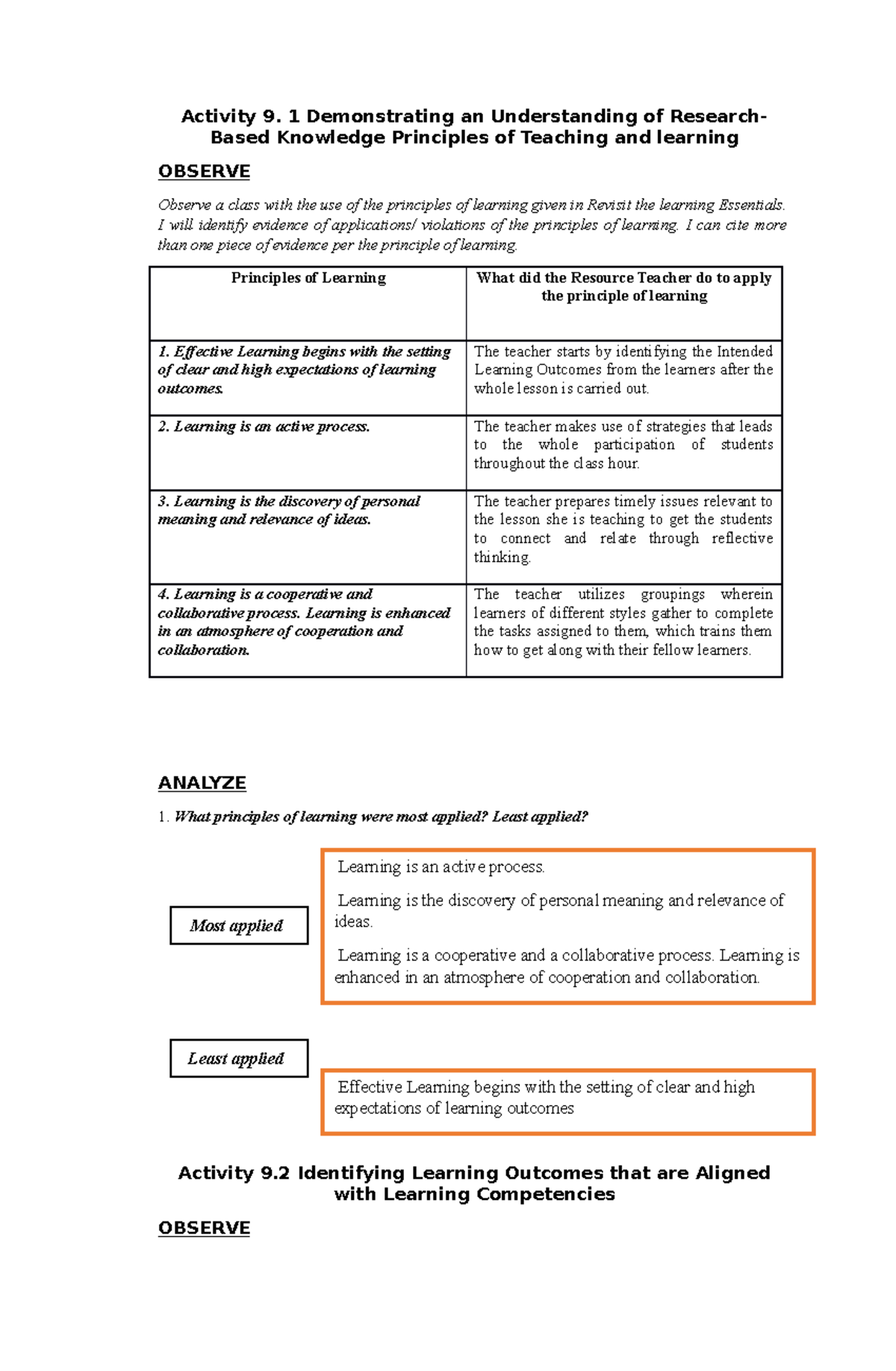 FIELD STUDY 1 LE09 - Activity 9. 1 Demonstrating an Understanding of ...