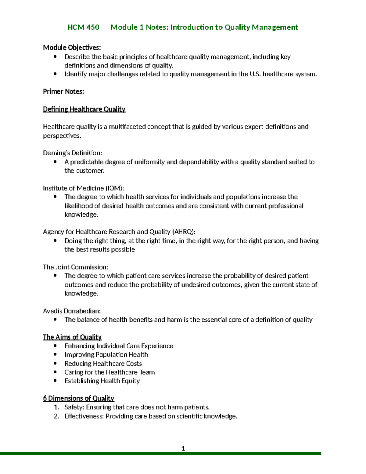 Module 1 Structured Notes - HCM 450 Module 1 Notes: Introduction to ...