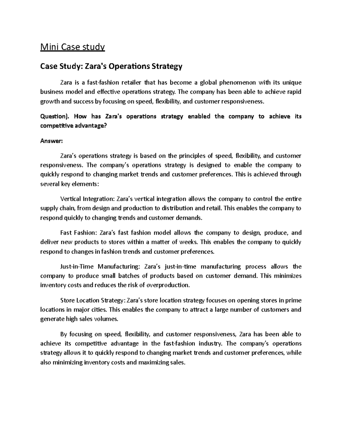 Mini Case study - Mini Case about the Importance of Operations Strategy ...