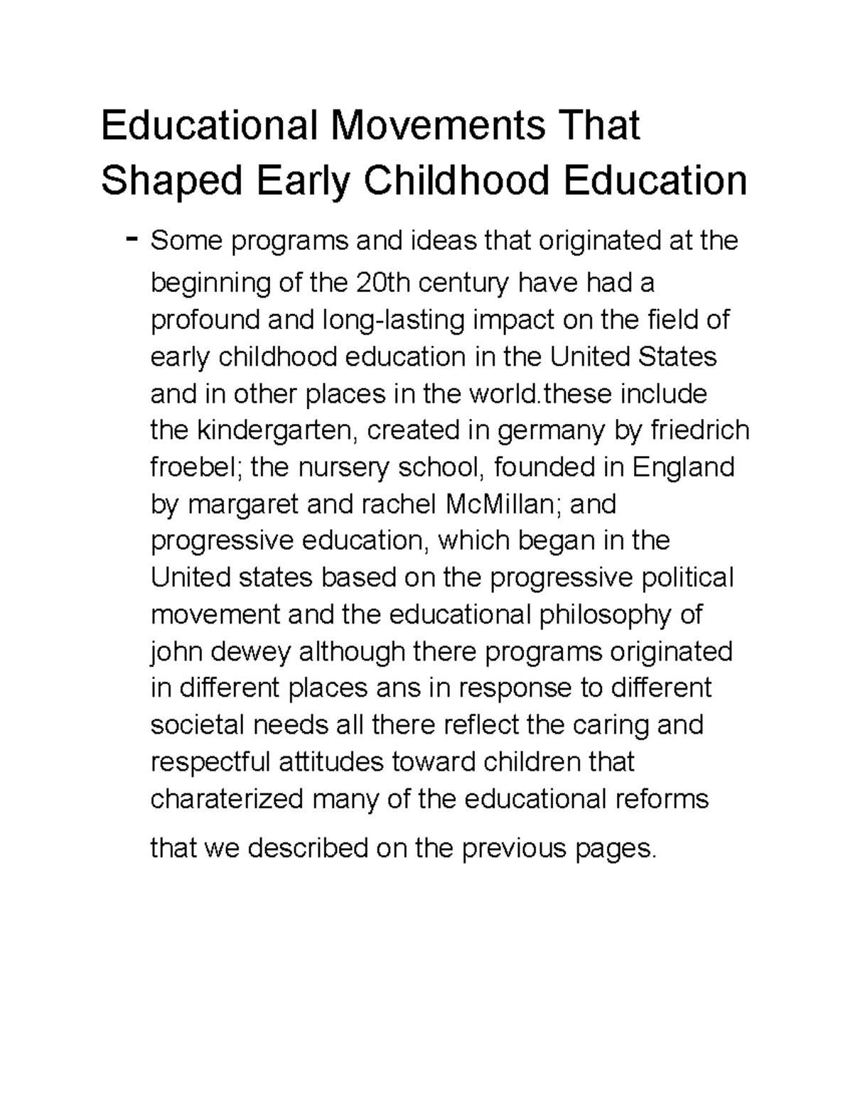 Educational Movements That Shaped Early Childhood Education - Studocu