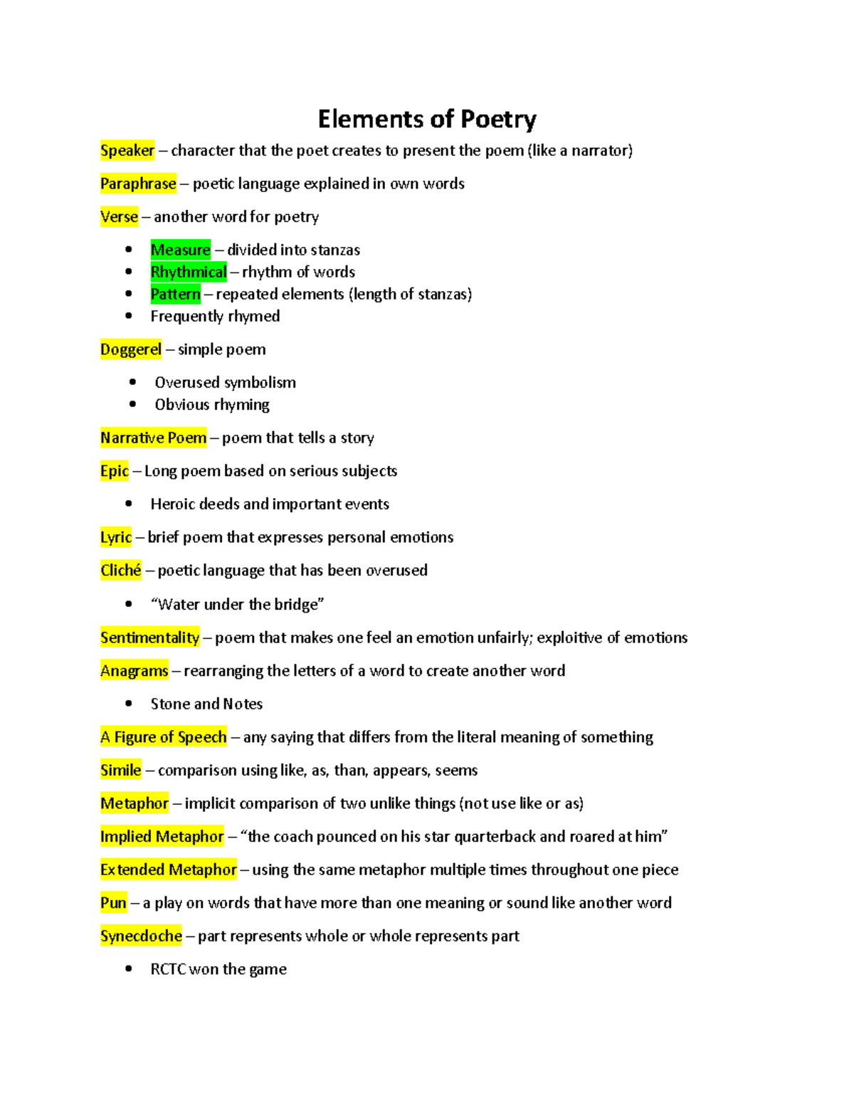Elements of Poetry Notes - Elements of Poetry Speaker – character that ...
