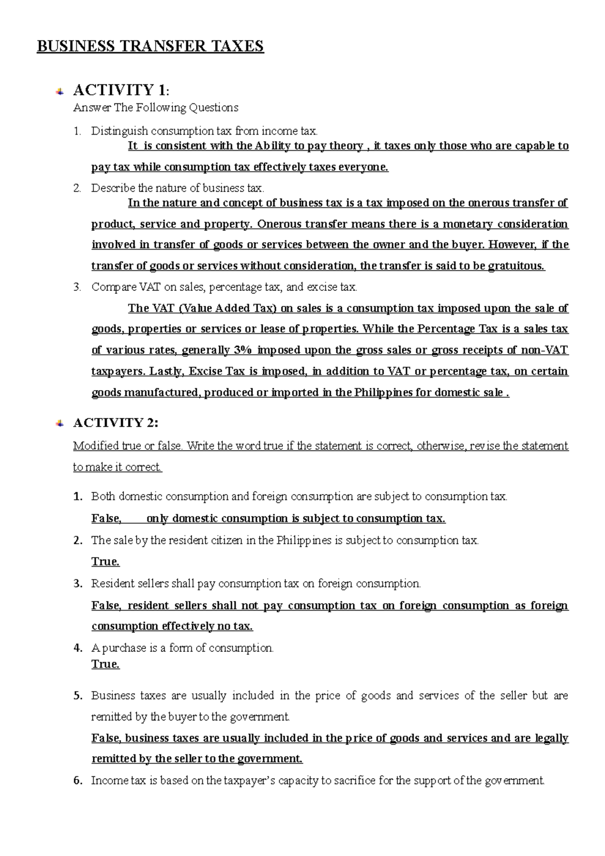 Business Management Business Transfer Taxes Answers - BUSINESS TRANSFER ...