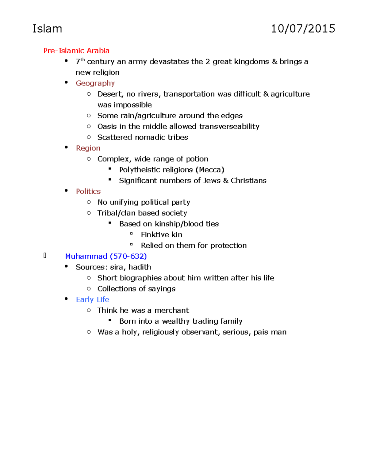 Islam - Outline combining book & class notes - Islam 10/07/2015 Pre ...