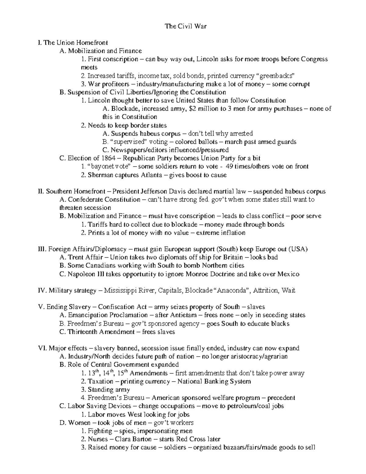 Outline 14Civil War - Summarized notes for chapter 14 - The Civil War I ...
