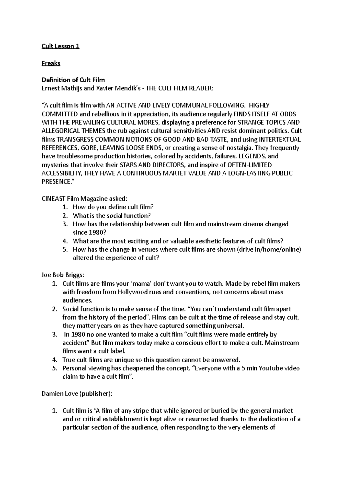 Cult Notes - Cult Lesson 1 Freaks Definition of Cult Film Ernest ...