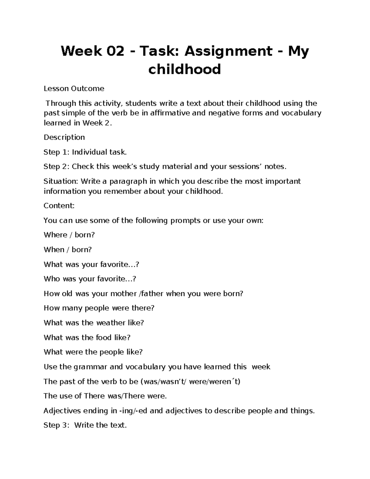 Week 02 - Task Assignment - My childhood - Week 02 - Task: Assignment ...