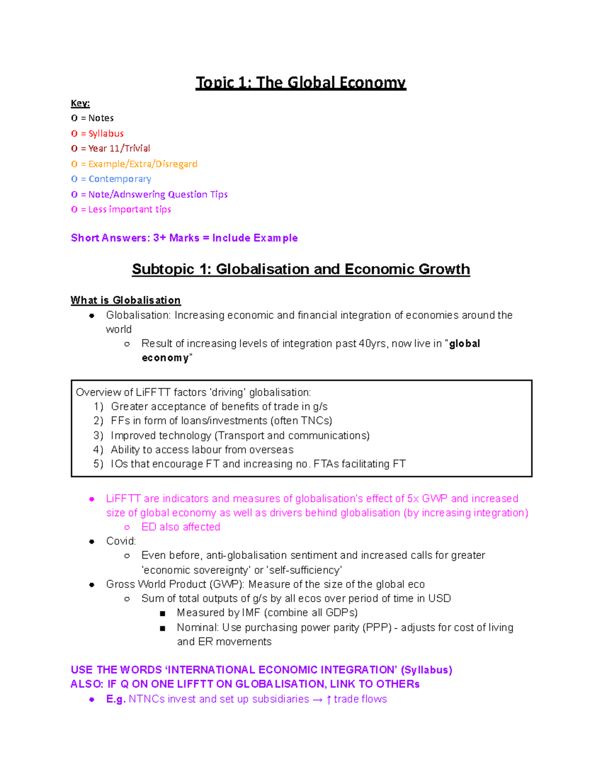HSC Y12 Eco notes - Topic 1 - Topic 1: The Global Economy Key: O ...