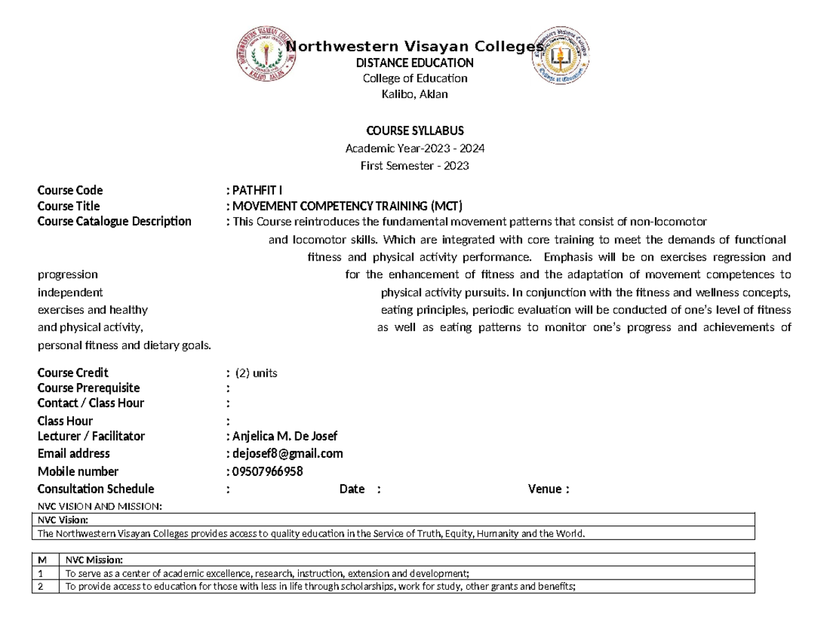 DE Josef Syllabus in Pathfit 1- Movement Competency -1st Semester -2023 ...