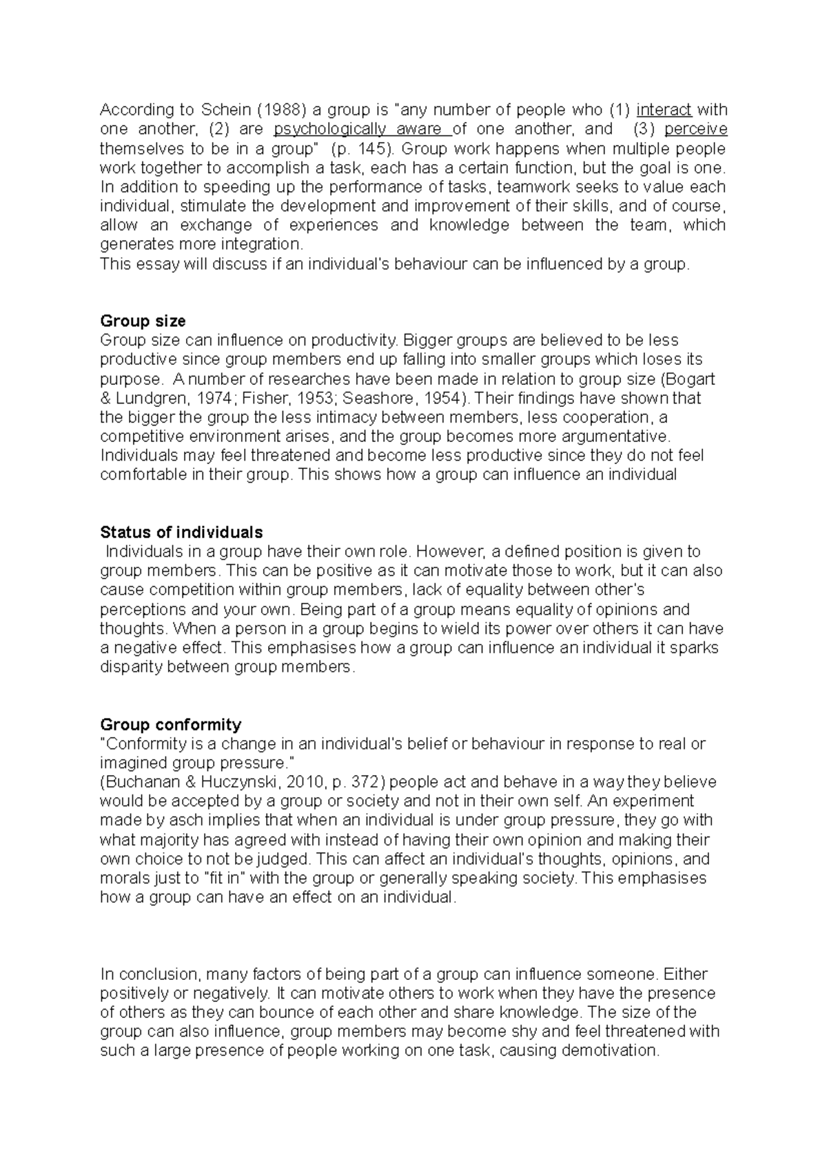 Group essay - According to Schein (1988) a group is “any number of ...