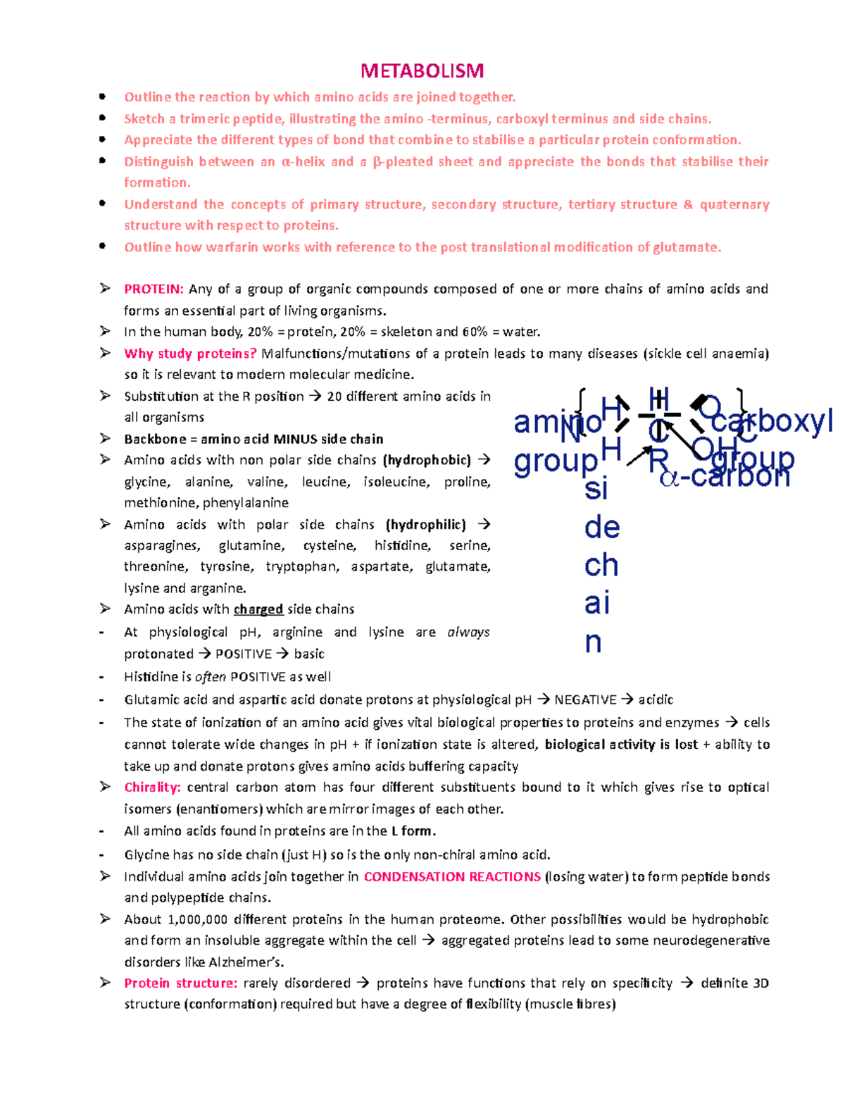 Metabolism - Notes from Year 1 - METABOLISM Outline the reaction by ...