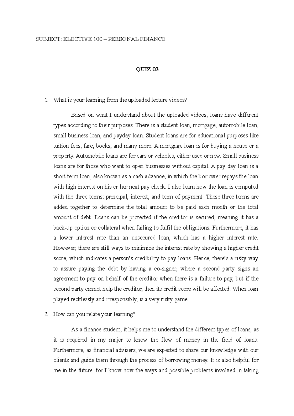 Personal Finance - SUBJECT: ELECTIVE 100 – PERSONAL FINANCE QUIZ 03 ...